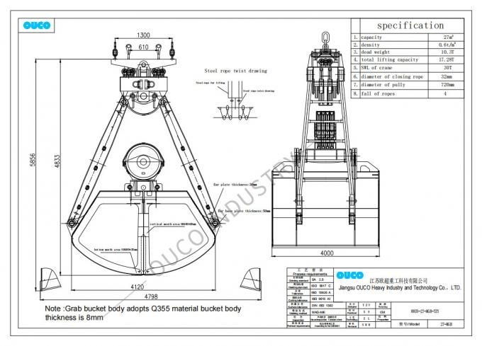 Clamshell Vessel Mechanical Grabs Bucket For Crane 27 CBM Capacity