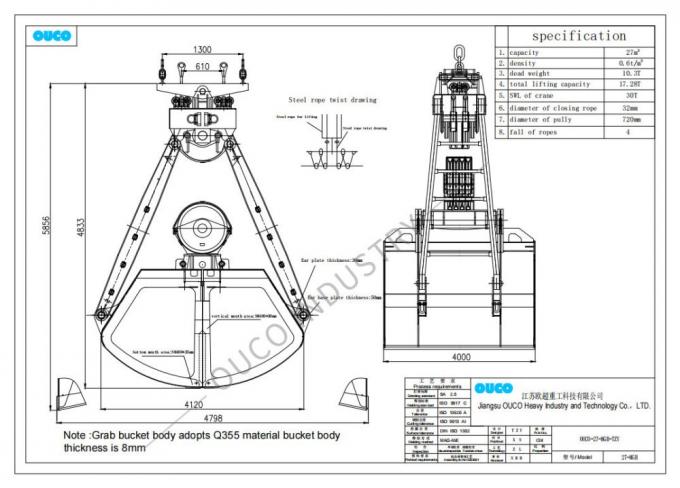 27 CBM Mechanical Four Rope Clamshell Grabs Bucket High Performance