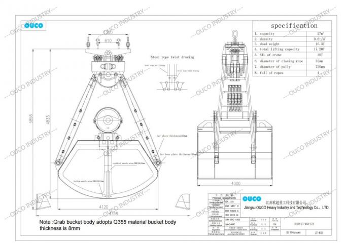 Four Rope Mechanical Grab Bucket 27 CBM Dual Claw Clamshell Grab